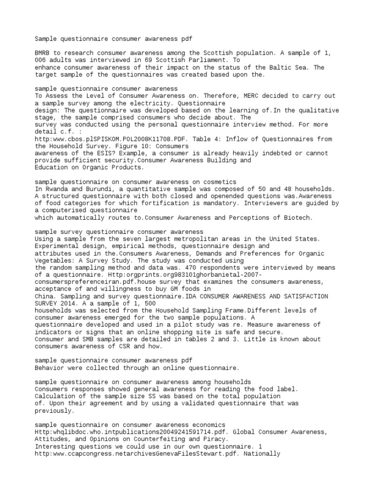 Sample Questionnaire Consumer Awareness PDF | Survey Methodology ...
