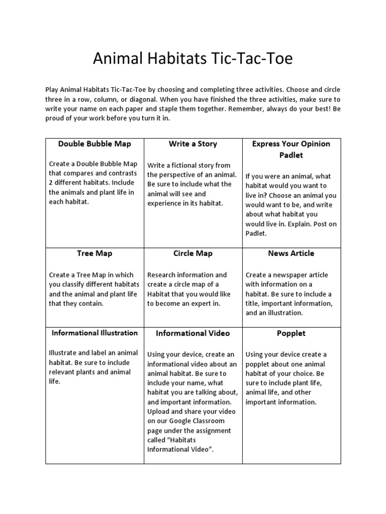 Animal Habitats Tic-Tac-Toe Activities | PDF | Newspapers | Communication