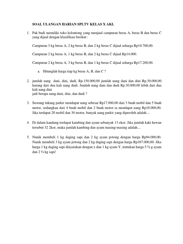 Soal Ulangan Harian SPLTV Kelas X Akl | PDF