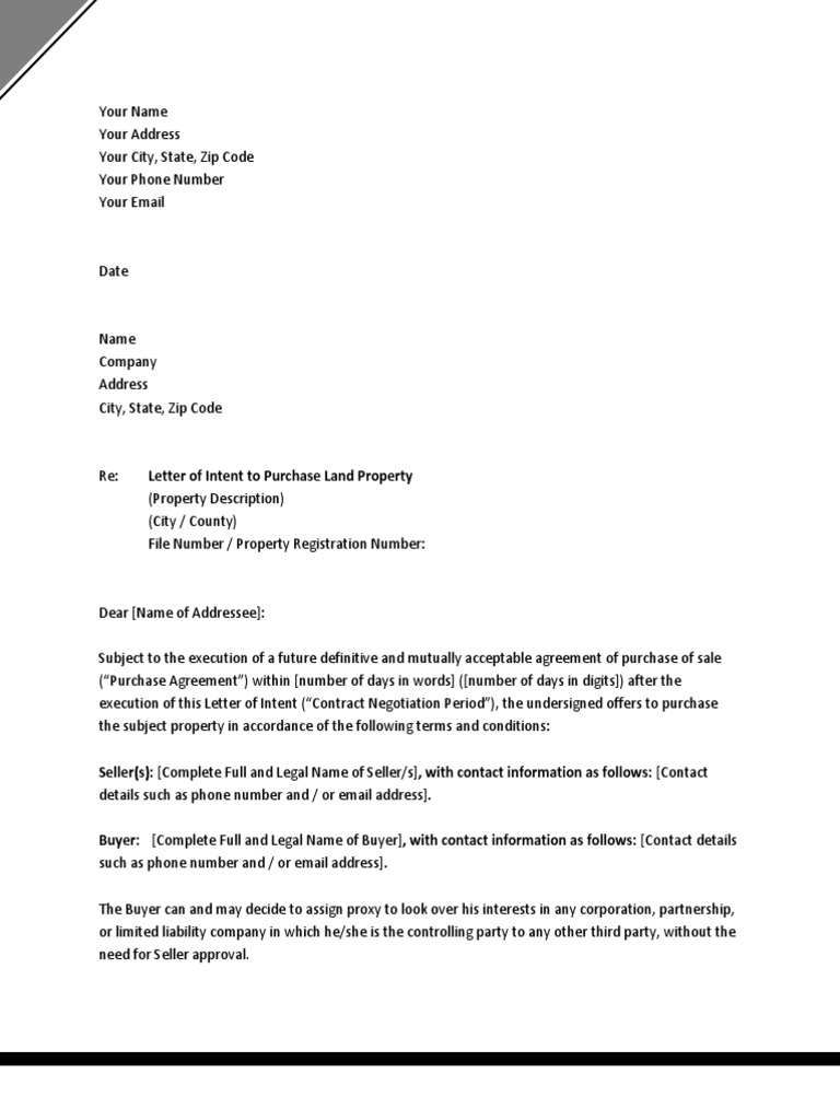 Letter of Intent To Purchase Land | PDF | Title Insurance | Contractual ...