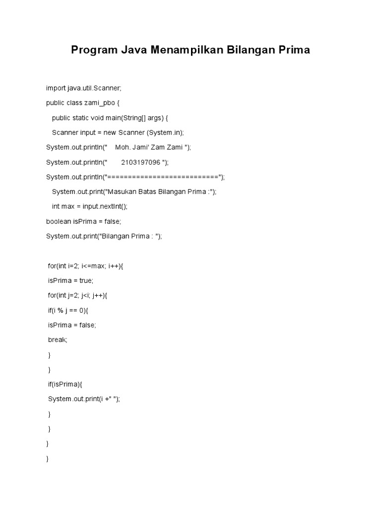 Program Java Menampilkan Bilangan Prima | PDF