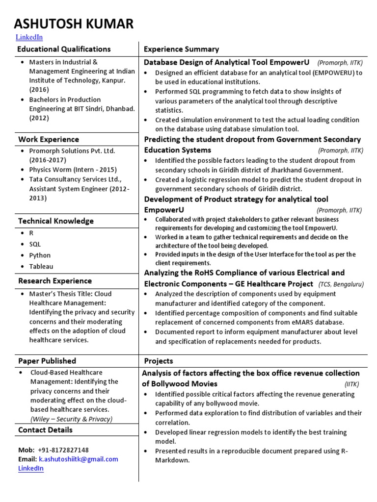 IITK Graduate Ashutosh Kumar's Resume | PDF | Databases | Simulation