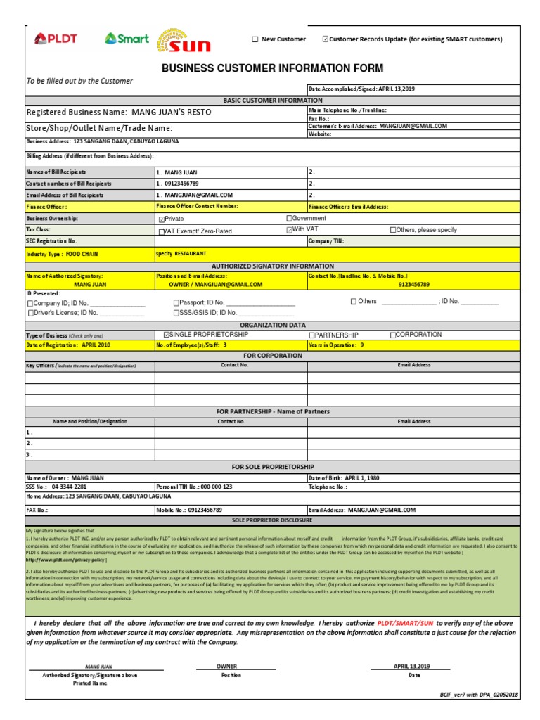 Business Customer Information Form: Registered Business Name: MANG JUAN ...
