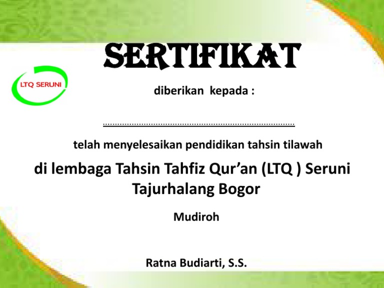 Sertifikat Tahsin | PDF Sertifikat Tahsin | PDF