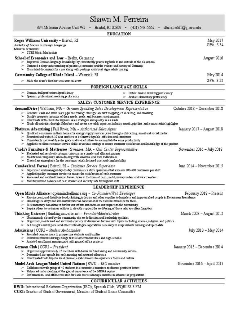 Resume (Shawn Ferreira) | PDF | Rhode Island | Sales
