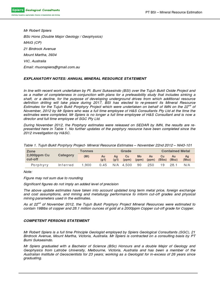 Competent Person Statement - Robert Spiers - Annual Mineral Resource ...