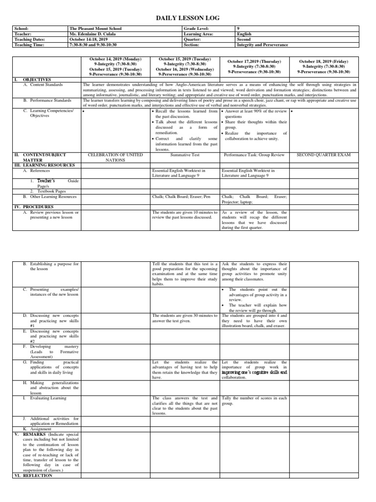 Daily Lesson Log for Grade 9 English | PDF | Neuropsychological ...