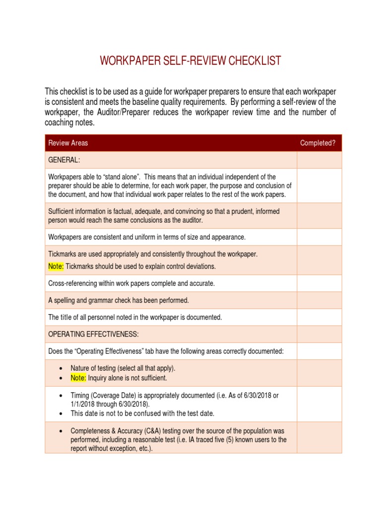 Workpaper Self-Review Checklist | PDF | Business