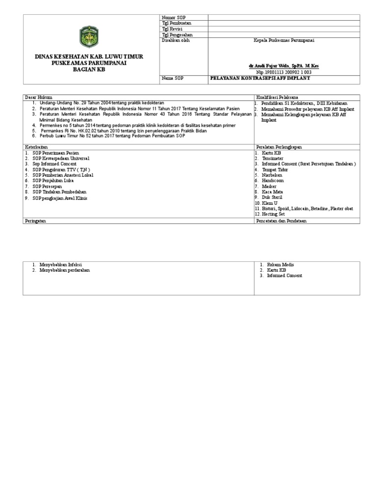 SOP Pelayanan Kontrasepsi Implan KB | PDF