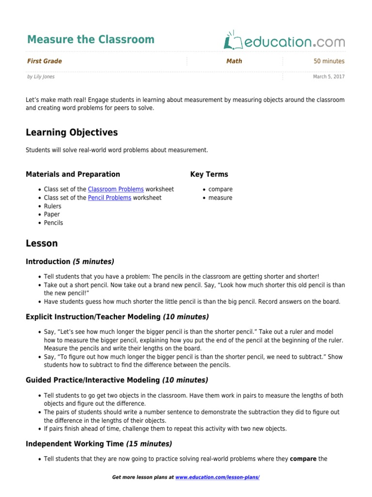 First Grade Classroom Measurement | PDF | Worksheet | Lesson Plan