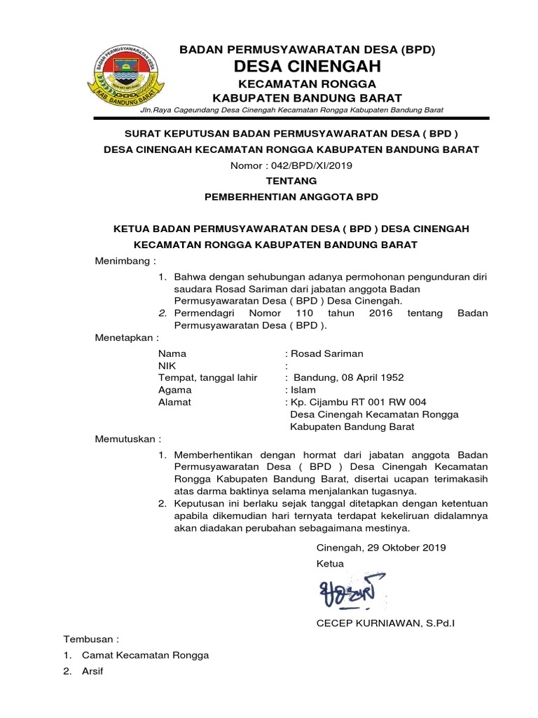 SK Pemberhentian Anggota BPD | PDF