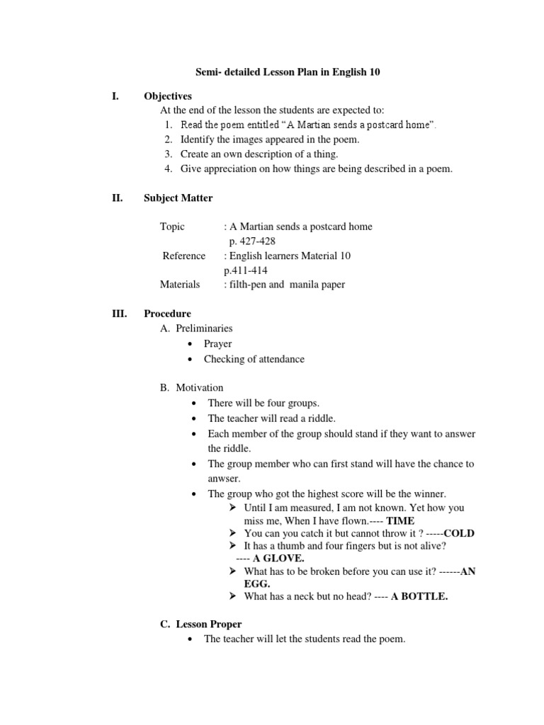 LP A Martian Sends A Post Card Home Eng10 | PDF | Lesson Plan | Teaching