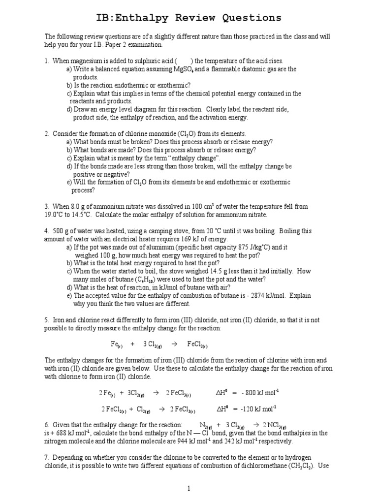 Enthalpy Review Questions | PDF | Enthalpy | Chemical Reactions