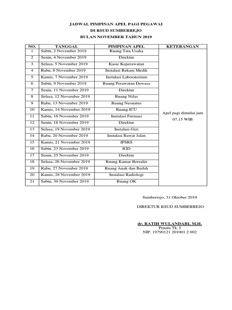 Jadwal Pimpinan Apel November 2019 | PDF