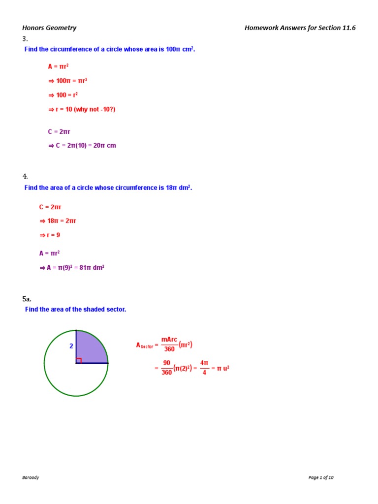 Honors Geometry Homework Answers For Section 11.6 | PDF | Area | Circle