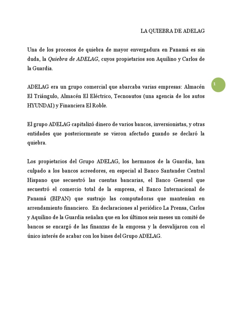 Quiebra del Grupo ADELAG en Panamá | PDF | Bancarrota | Bancos