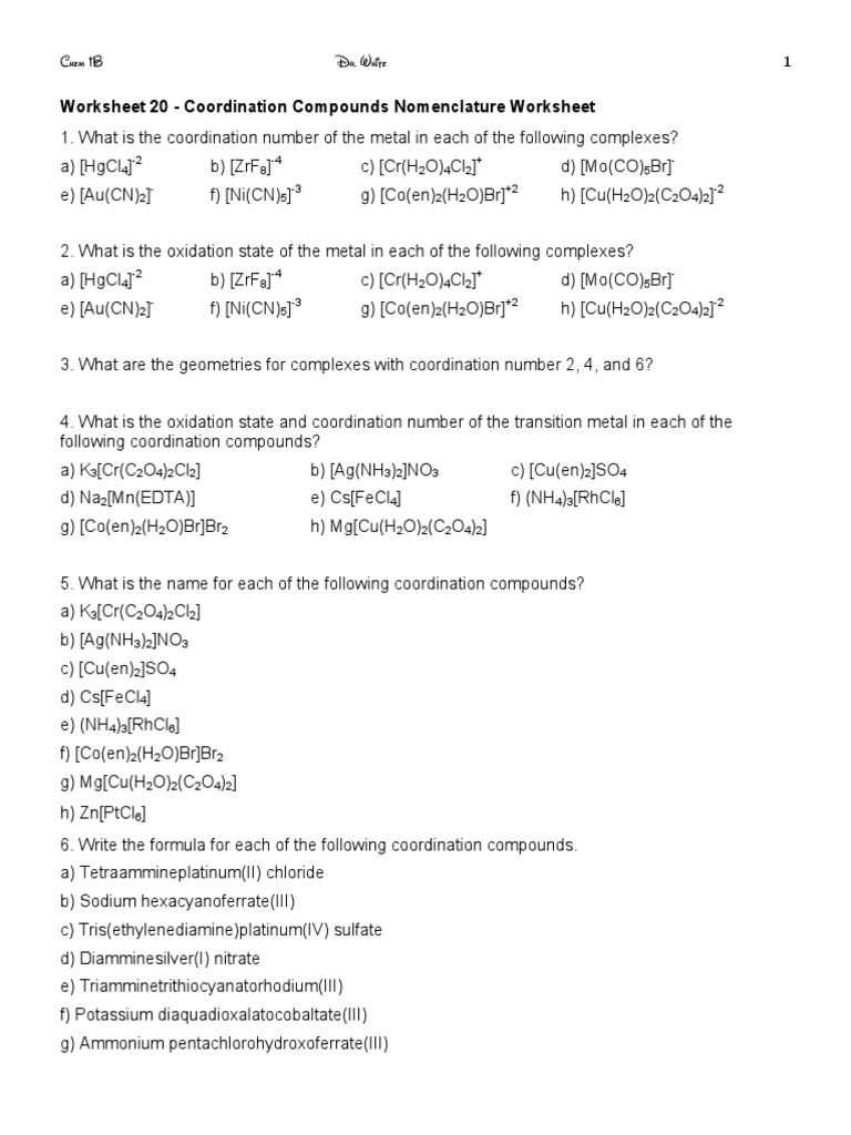 Worksheet 20 - Coordination Compounds Nomenclature Worksheet | PDF