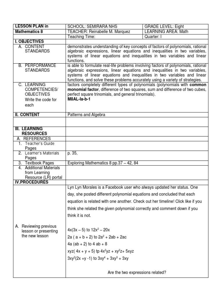 Lesson Plan in Mathematics 8 I. Objectives | PDF | Factorization | Polynomial