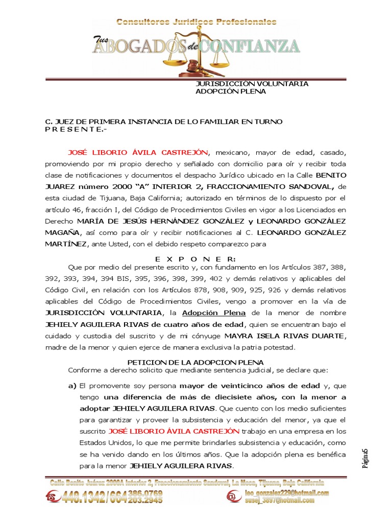 Jurisdicción Voluntaria Adopción Plena (Mayra Rivas) | PDF | Adopción ...