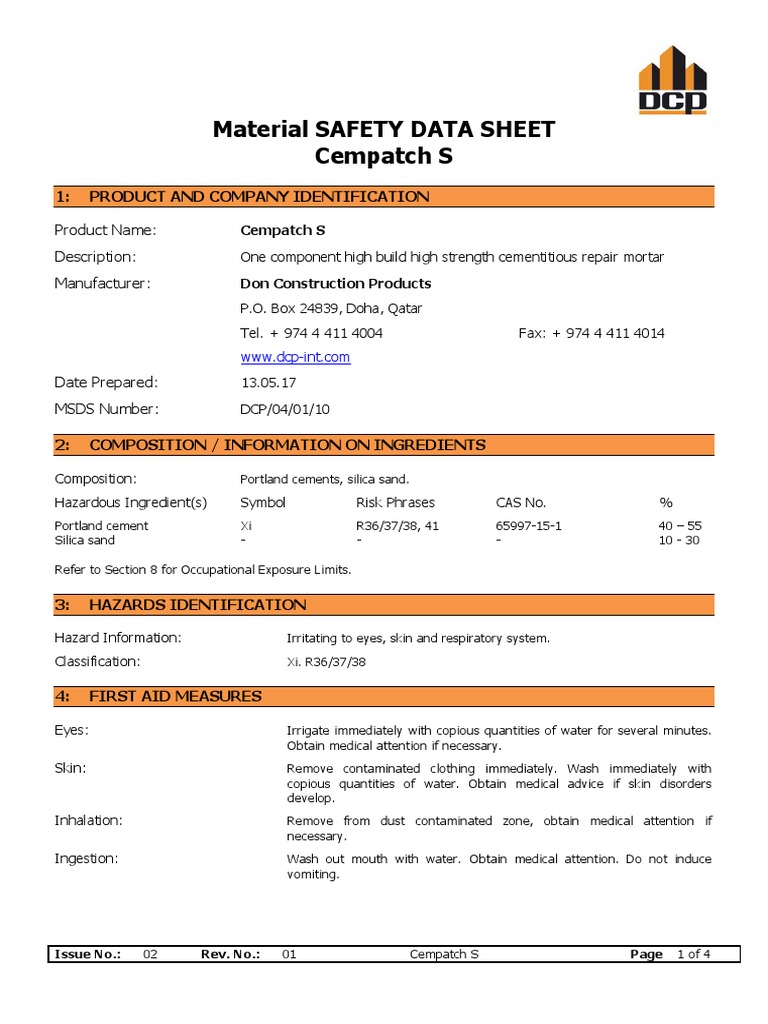 Cempatch S MSDS | PDF | Dust | Personal Protective Equipment
