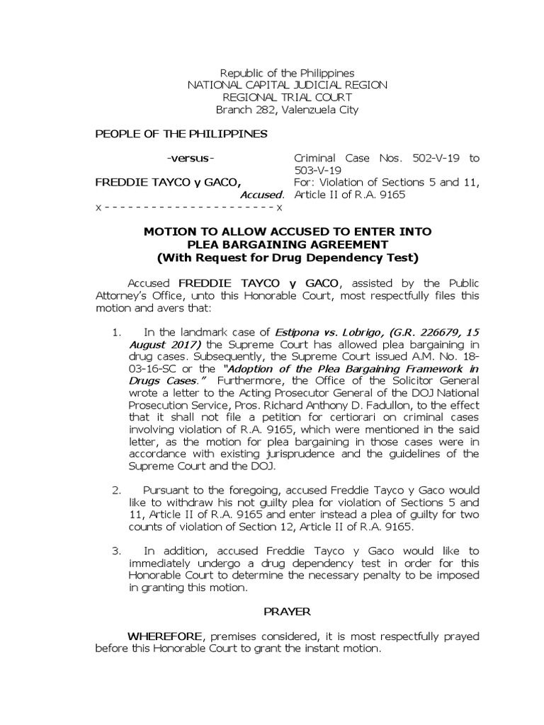 Motion for Plea Bargaining in Drug Case | PDF | Plea Bargain | Plea