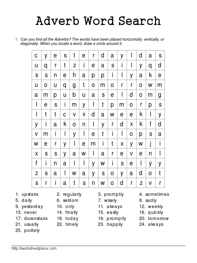 Adverb Word Search: Diagonally. When You Locate A Word, Draw A Circle ...