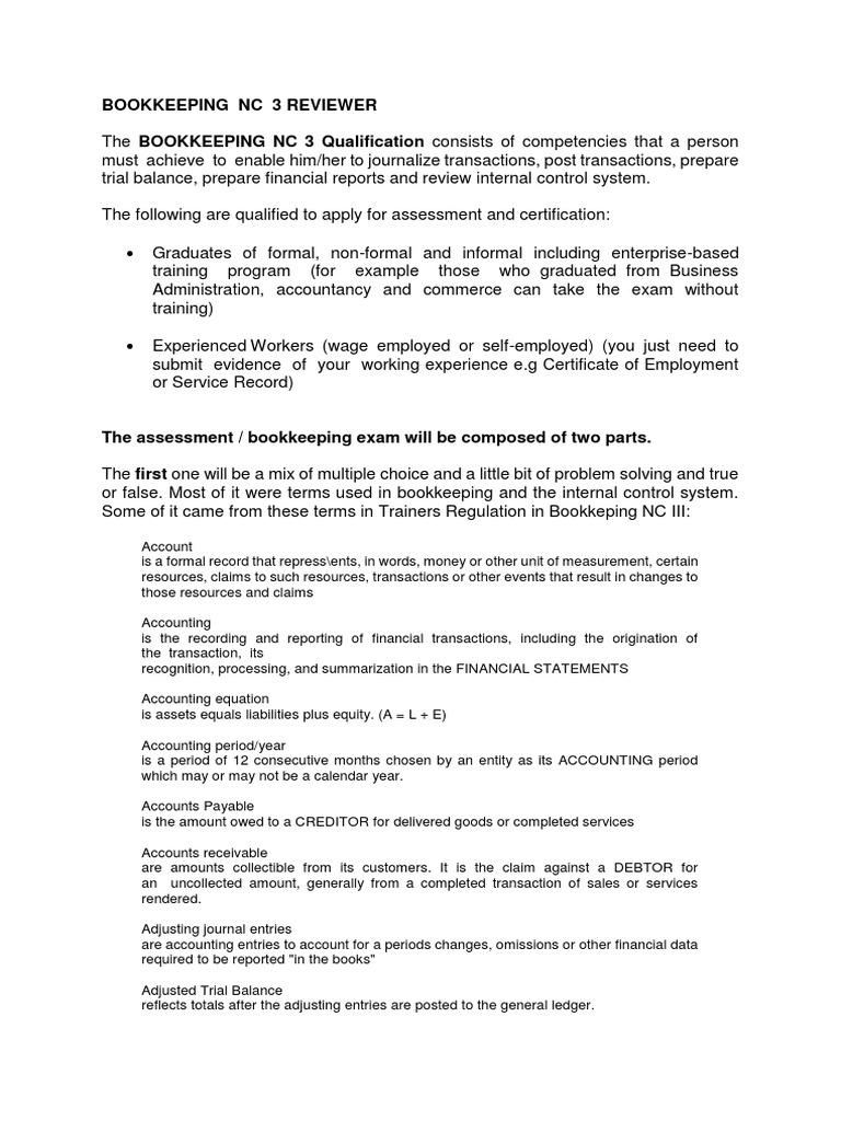 Bookkeeping NC 3 Review Guide | PDF | Debits And Credits | Bookkeeping