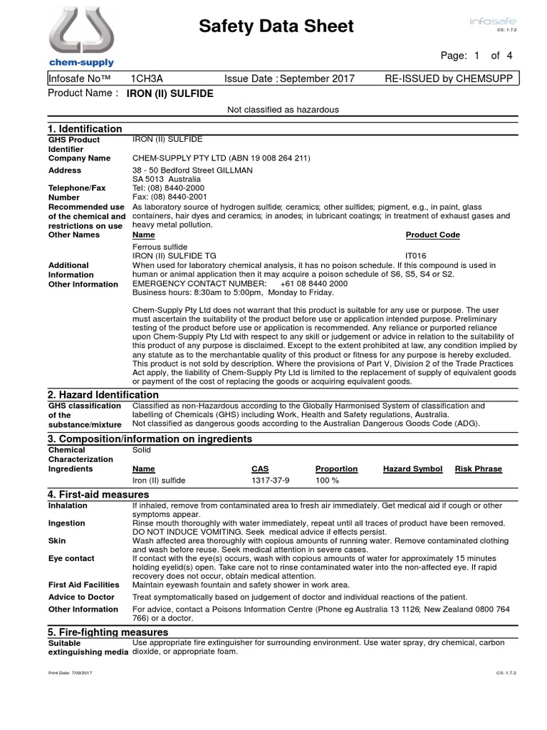 Safety Data Sheet: Iron (Ii) Sulfide | PDF | Dangerous Goods | Sulfur