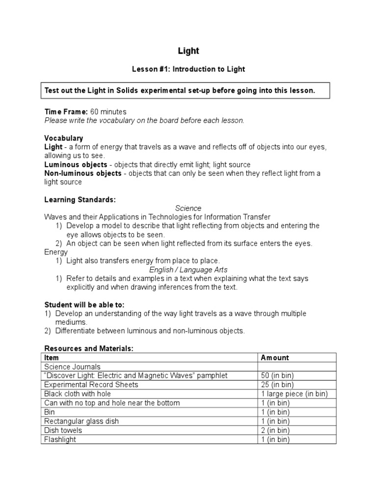 Light Lesson 1 Full | PDF | Light | Outer Space