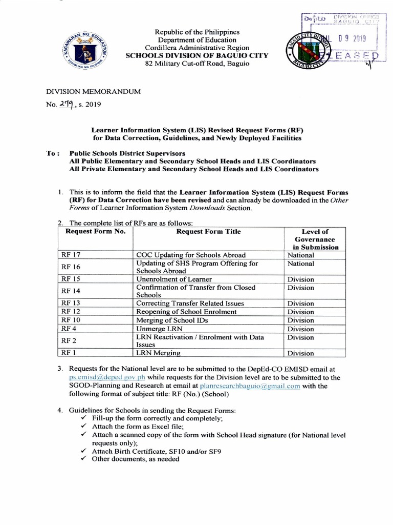 Division Memo No. 279 S. 2019 LIS Revised Request Form RF For Data ...