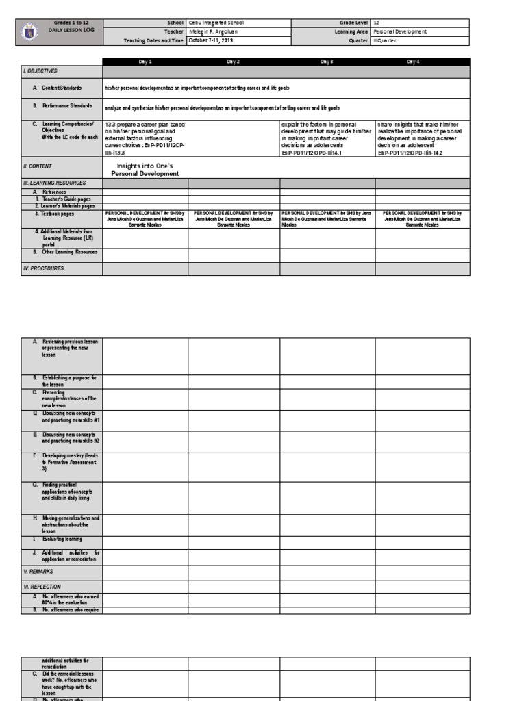 Personal Development Lesson Plan | PDF | Teachers | Learning