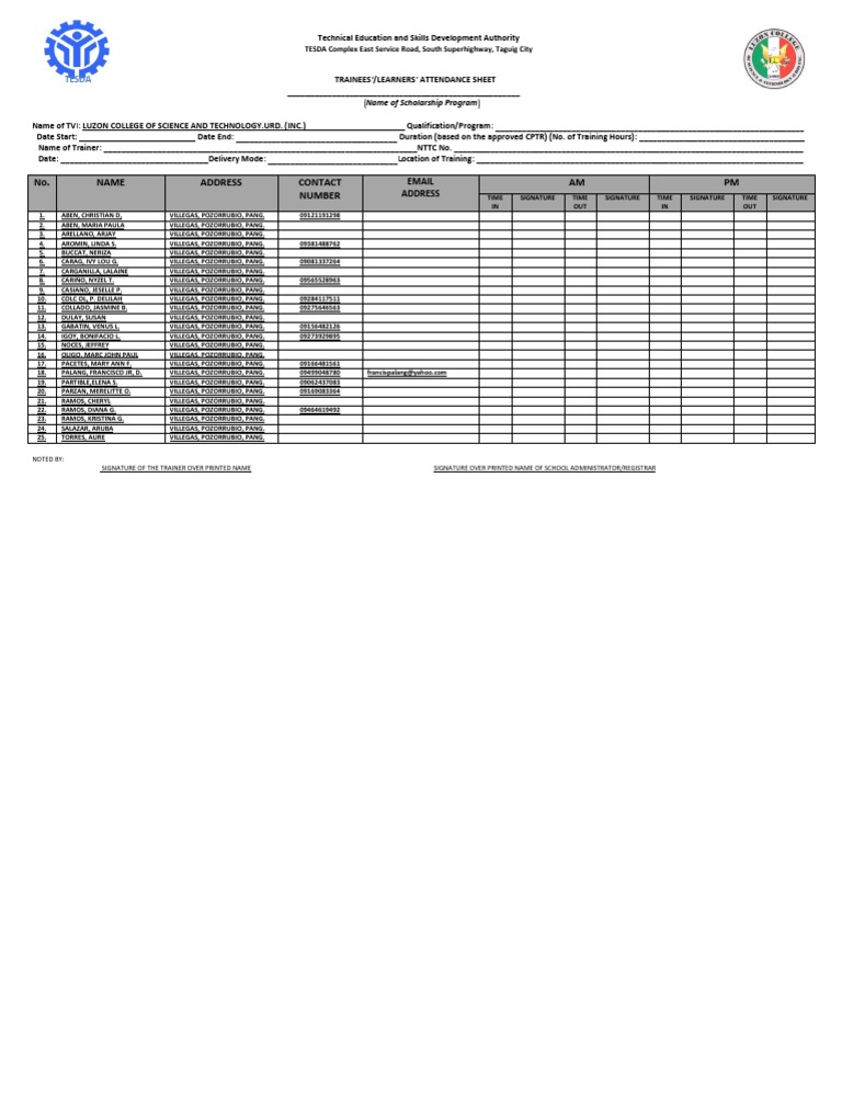 Tesda: No. Name Address Contact Number AM PM | PDF | Career And ...