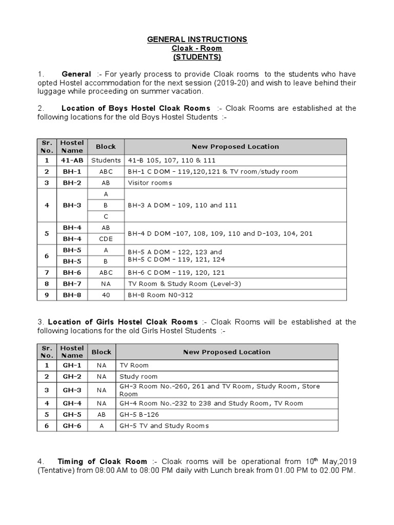 Cloak Room Instructions (For Students) | PDF | Baggage | Business
