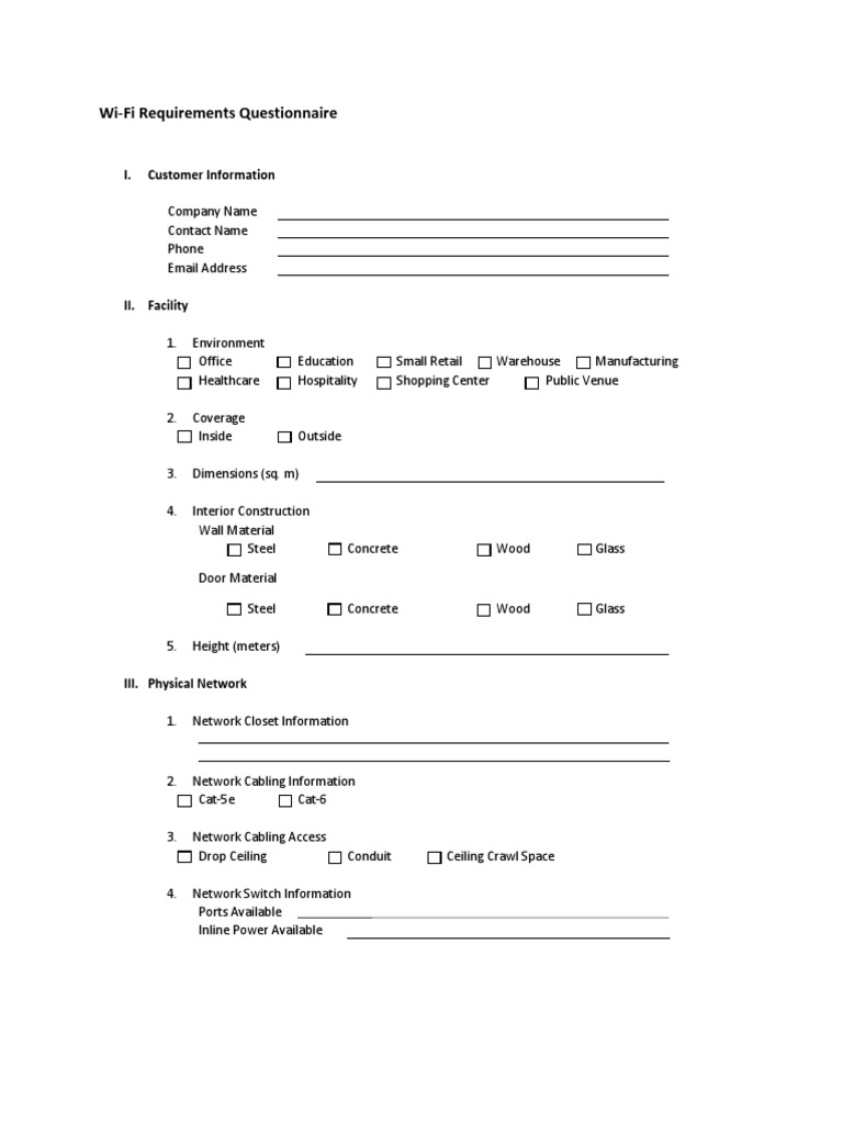 Wireless Requirements Questionnaire | PDF