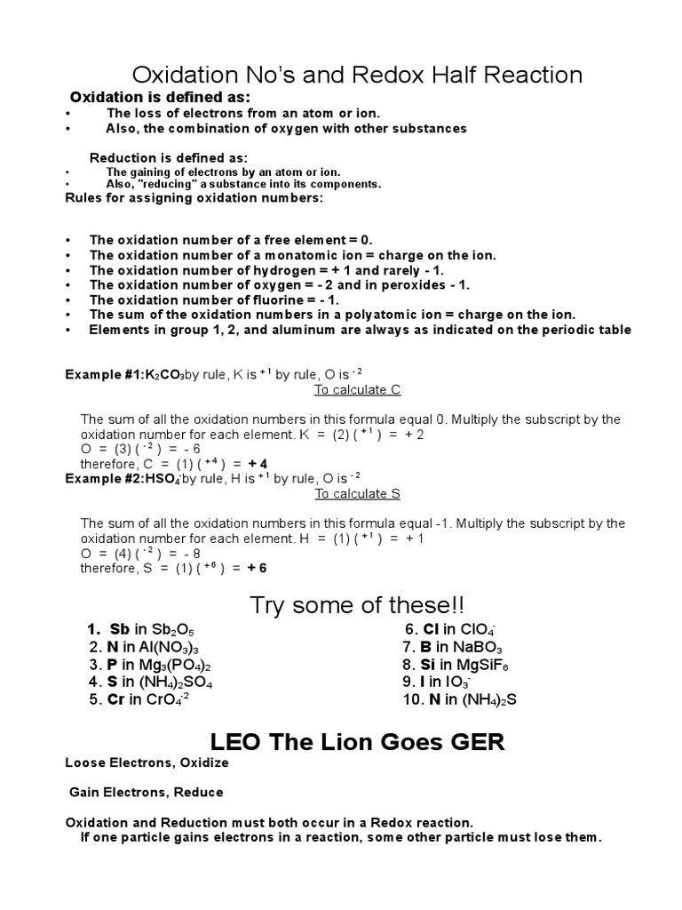 Oxidation No's and Redox Half Reaction: LEO The Lion Goes GER | PDF ...