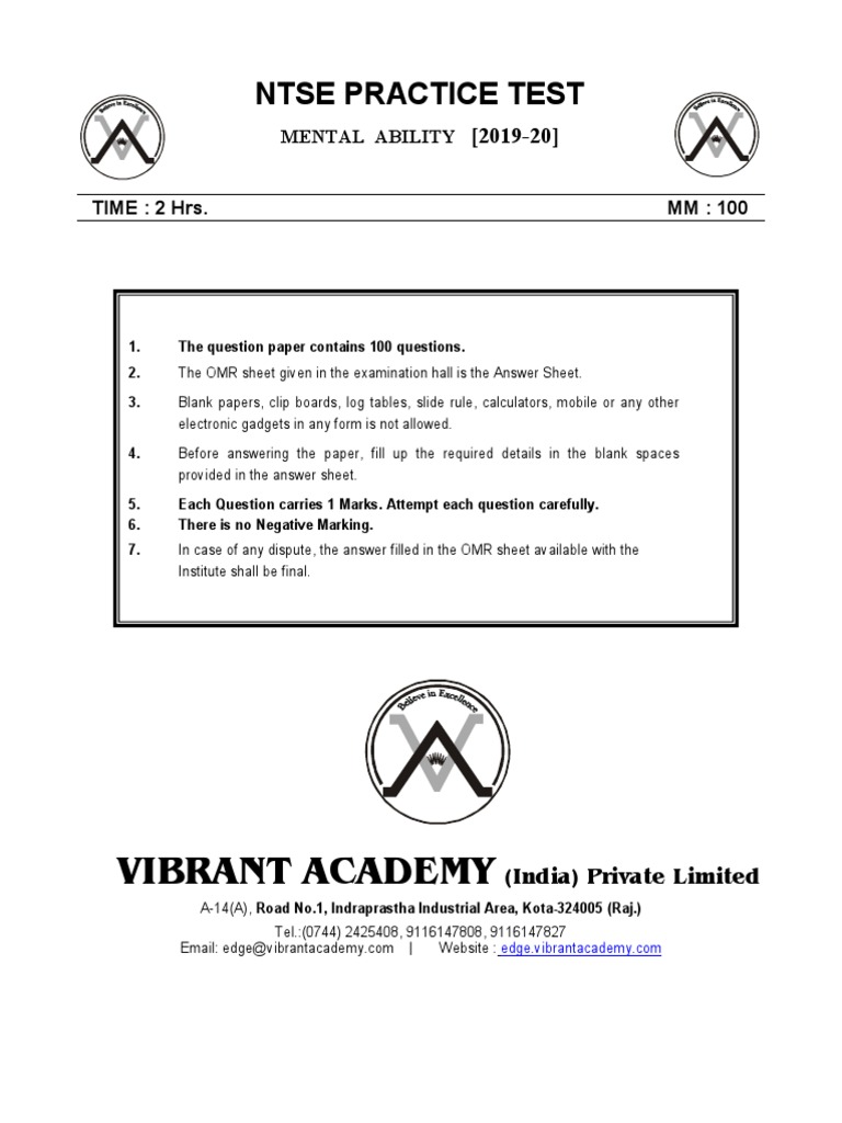 1 Ntse Practice Test Mat | PDF | Percentage
