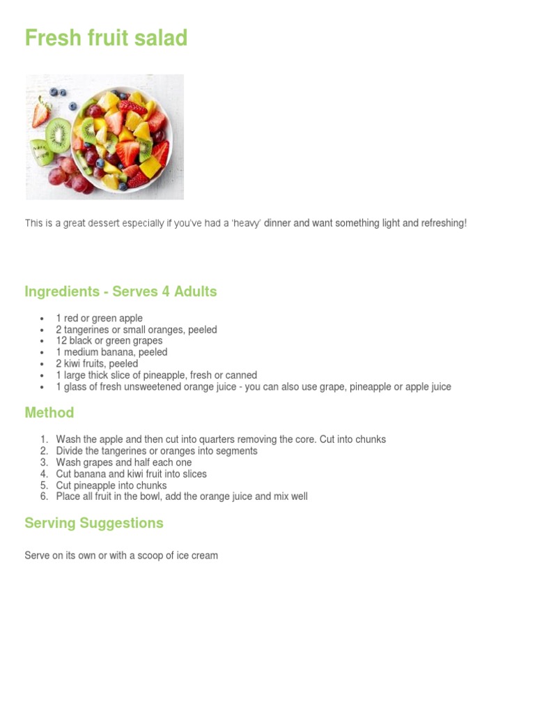 Fresh Fruit Salad: Ingredients - Serves 4 Adults | PDF