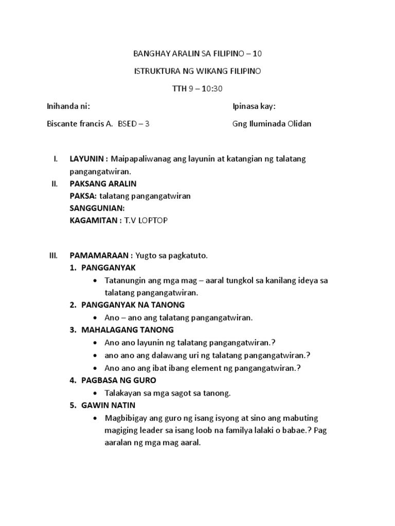 Banghay Aralin Sa Filipino Lesson Plan | PDF