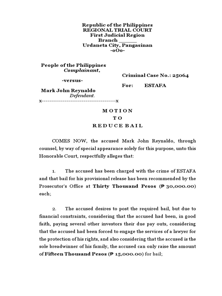 People and Samilin v. Mark Reynaldo (ESTAFA) - Motion To Reduce Bail ...