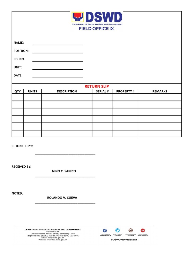 Return Slip: Name: Position: I.D. NO. Unit: Date | PDF