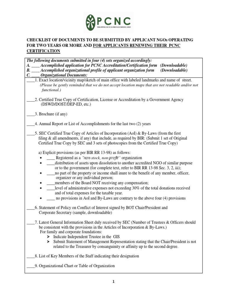 PCNC Checklist | PDF | Financial Statement | Business