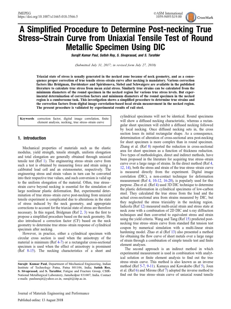 A Simplified Procedure To Determine Post-Necking True Stress-Strain ...