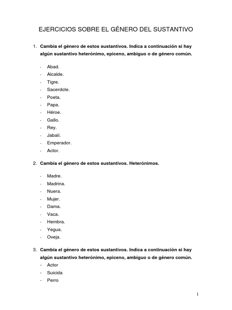 Ejercicios Sobre El Género Del Sustantivo | PDF