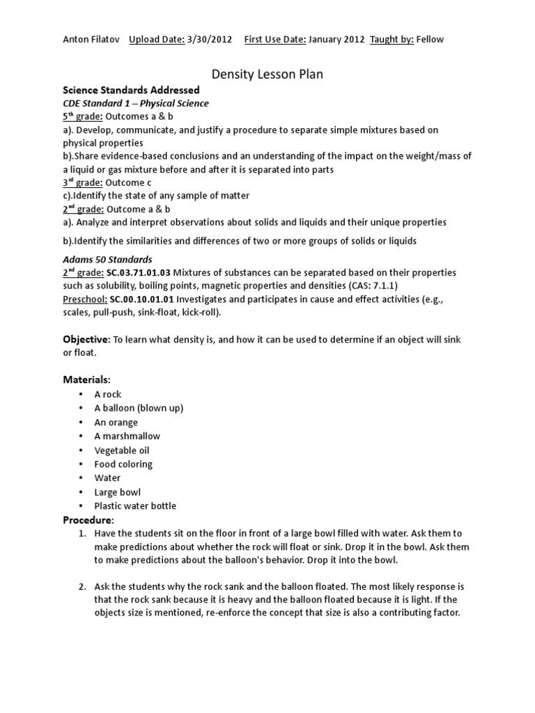 Density Lesson Plan: Science Standards Addressed | Download Free PDF ...