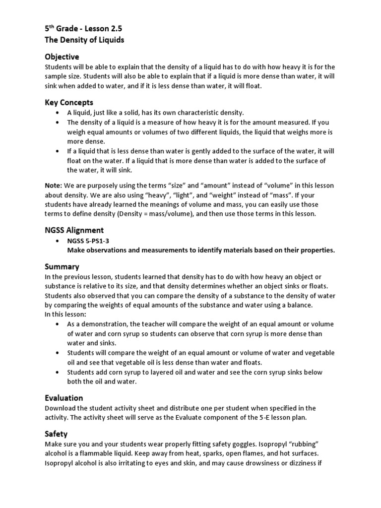 g5 Lesson 2.5 Density of Liquids | PDF | Buoyancy | Density