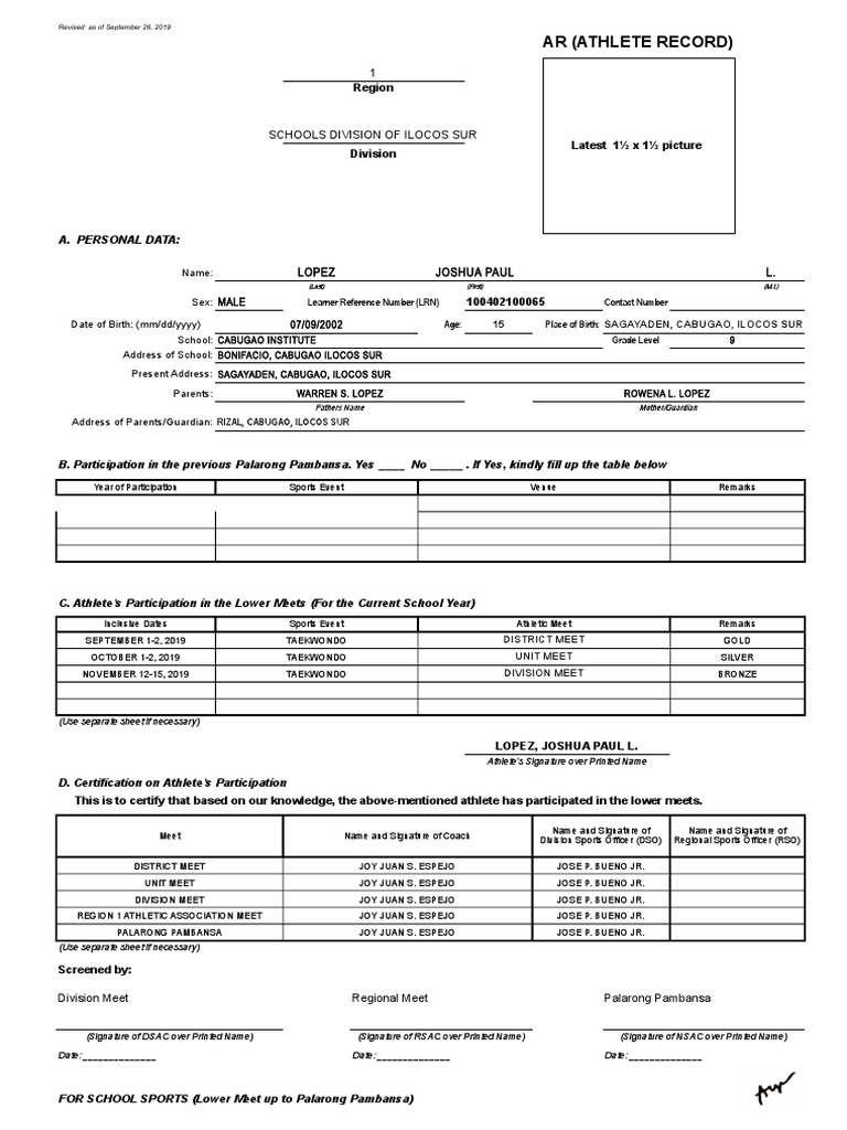 Ar (Athlete Record) : Lopez Joshua Paul L | PDF | Sports | Leisure