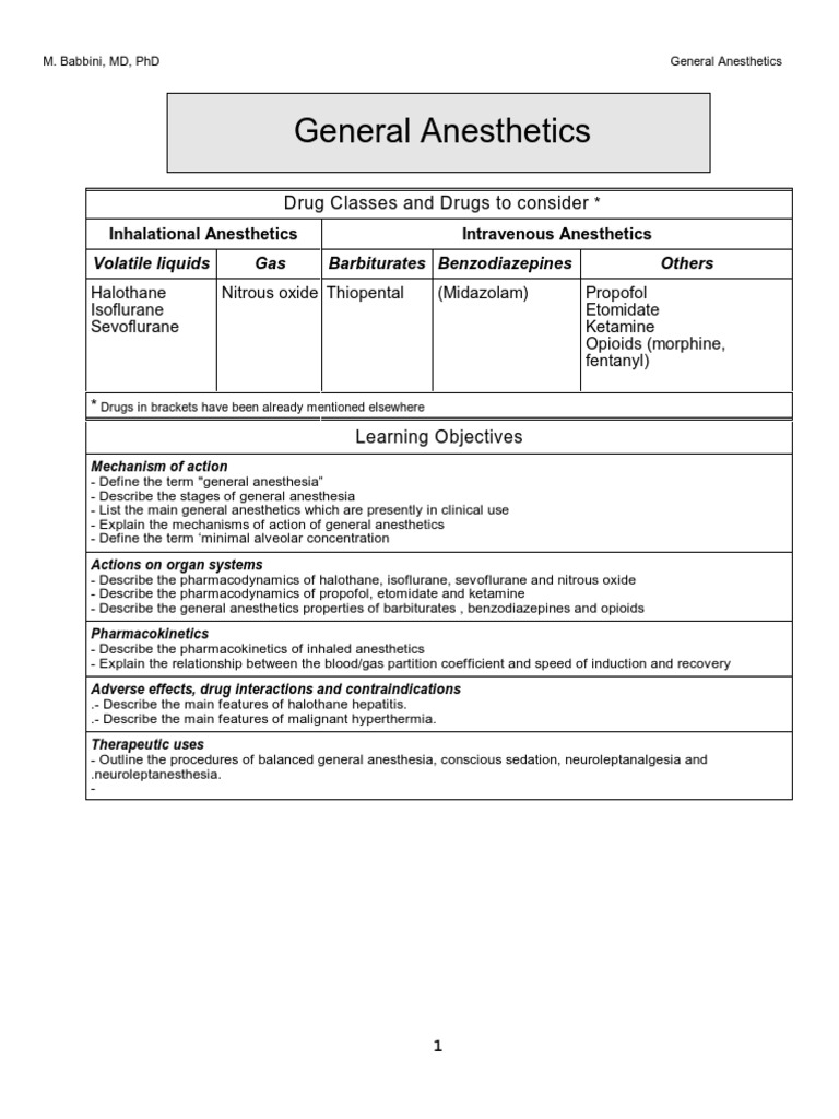 GENERAL ANESTHETICS PDF Document With Practice Questions | PDF ...