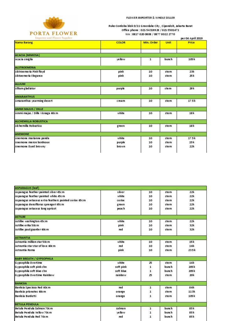 Flower Importer & Wholesaler Price List April 2019 | PDF | Plants | Color