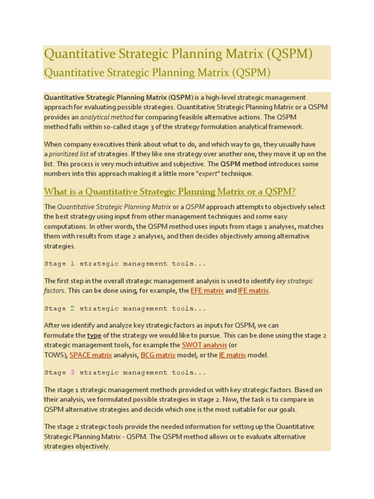 Quantitative Strategic Planning Matrix | PDF | Strategic Management ...