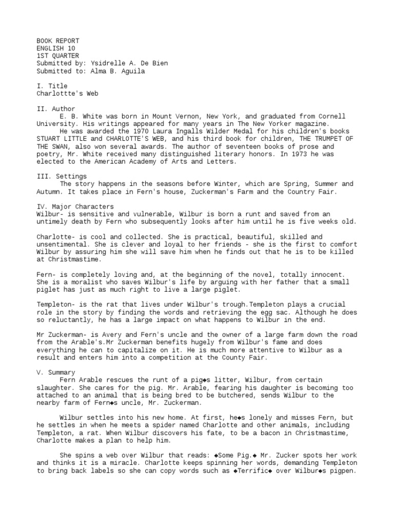 Charlotte's Web Book Report Summary | PDF